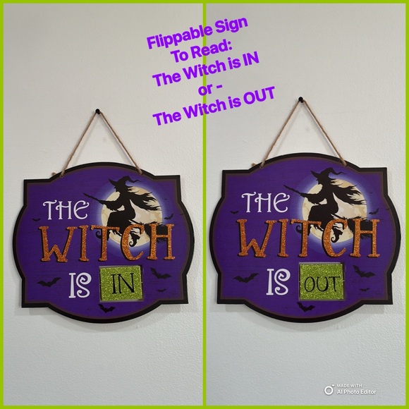 Holiday | Nwt Glittered The Witch Is In Out Flippable Wooden Halloween ...